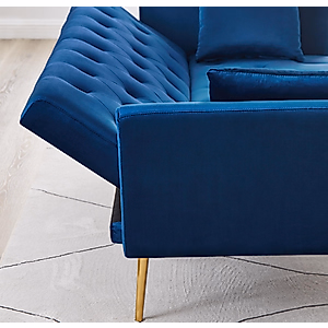 72"Modern Velvet Sofa Bed Futon,Convertible Folding Sleeper Bed Couches with 3 Adjustable Backrests,Tufted Recliner Love Seat with Golden Chrome Legs for Living Room Apartment Office (Navy+pillows)