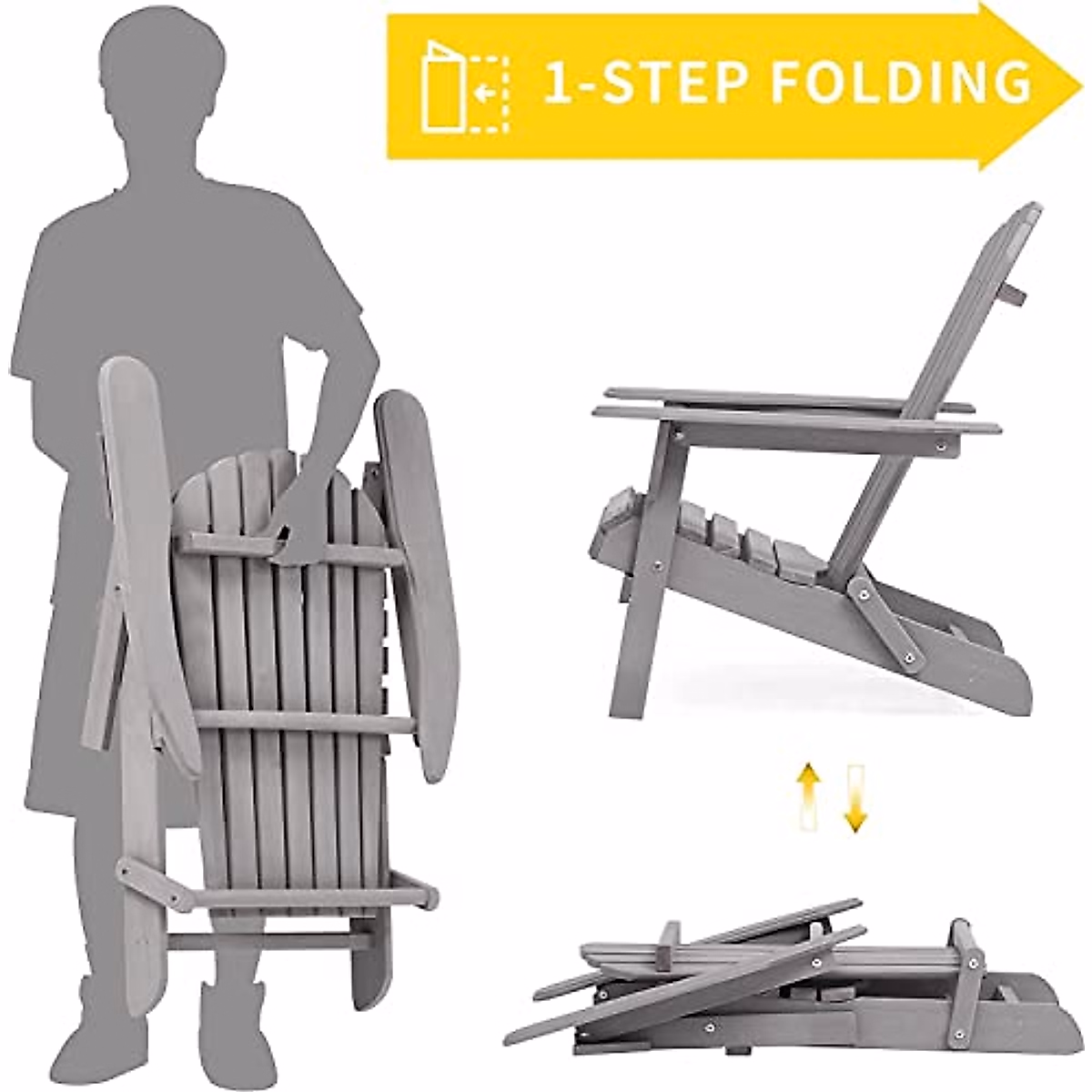 pazezog Folding Adirondack Chair Set of 2,Outdoor Patio Chairs for Garden Lawn Backyard Pool Deck Beach Firepit. (Gray)