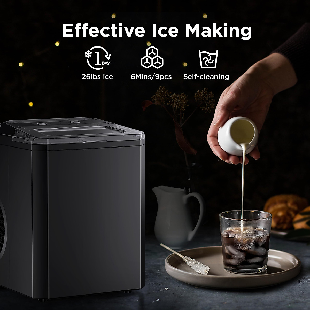 BEBISUNY Countertop Ice Maker, 9 Cubes Ready in 6 Mins, 12KG in 24Hrs, Self-Cleaning Ice Machine with Ice Scoop and Basket, 2 Sizes of Bullet Ice for Home Kitchen Office Bar Party, Black