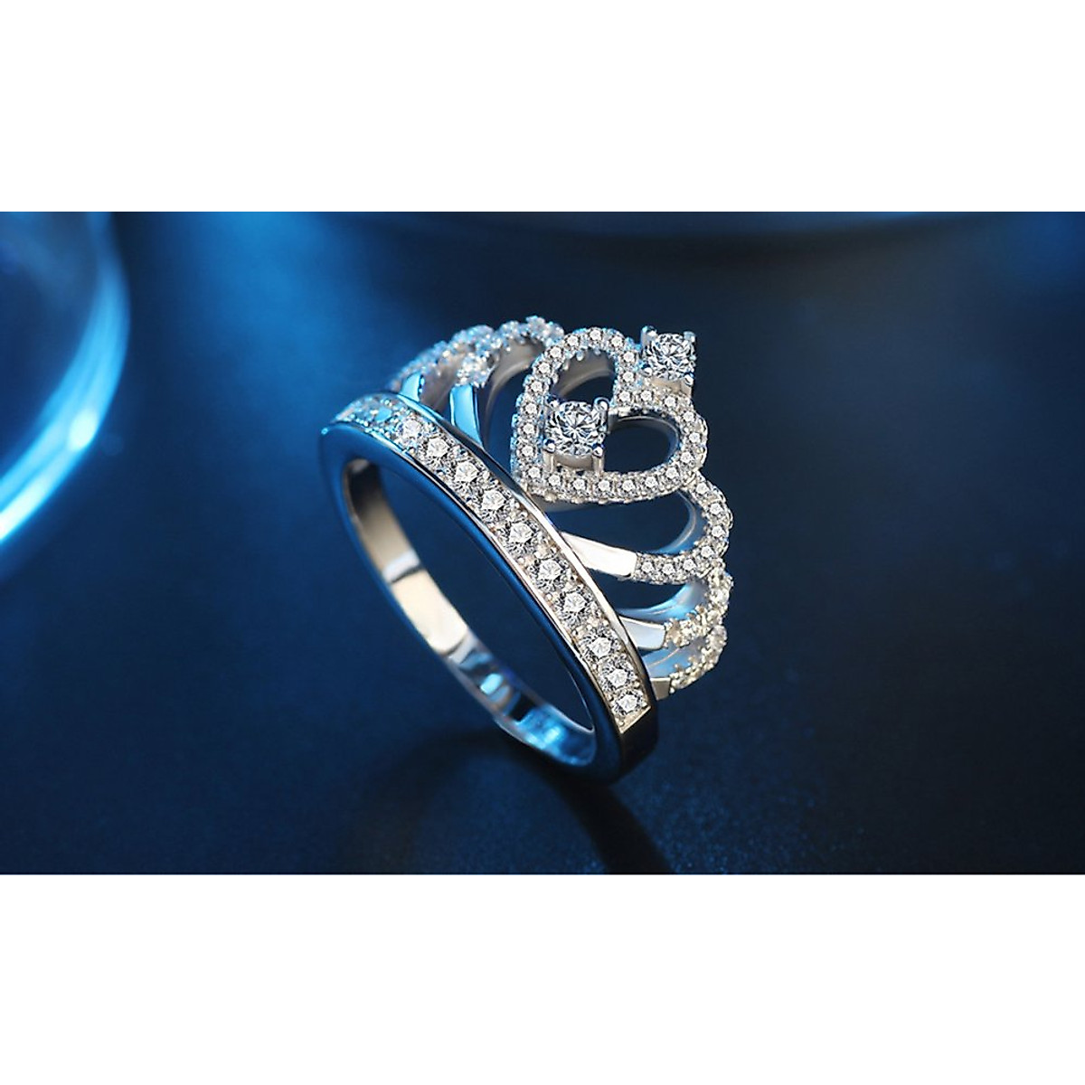 Princess Queen Crown Rings for Women Eternity Heart-Shaped Promise Ring Zircon Jewelry Silver 6