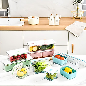 Lille Home Stackable Produce Saver, Organizer Bins/Storage Containers with Removable Drain Tray, Set of Six, for Refrigerators, Cabinets, Countertops and Pantry, BPA Free (Blue,Set of Six)