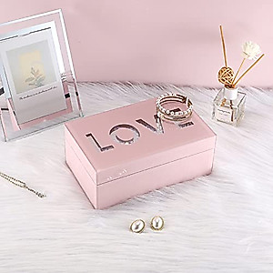 Hipiwe Glass Jewelry Box Trinket Organizer with Hollowed-out LOVE and Sequin Decor,Pink Jewelry Display Box Home Decorative Box Keepsake Gift Box for Women Girls