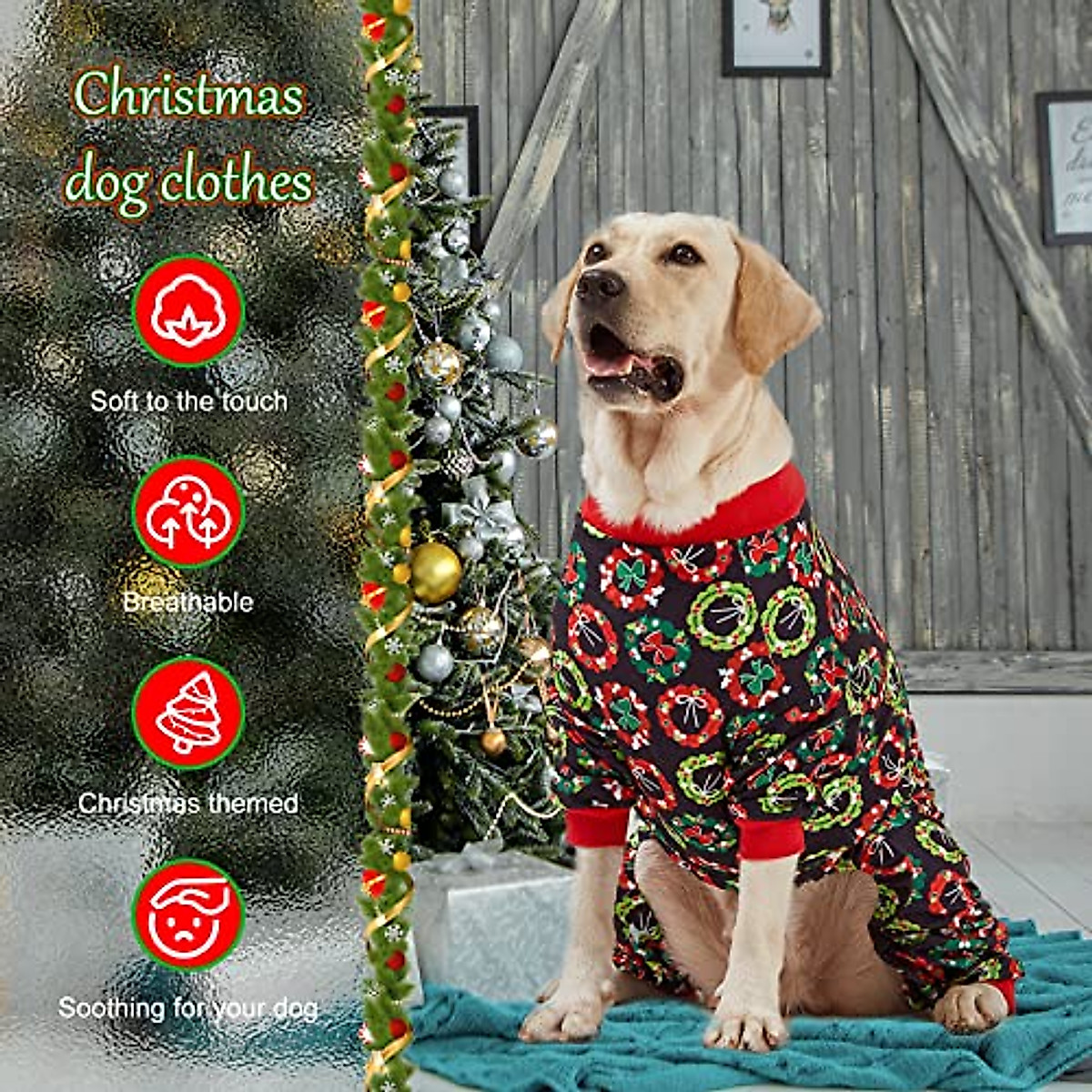 LovinPet Dog Christmas PJS Large Size Dog: Long Sleeve Shirt for Dog, Holiday Dog Costume, Lightweight Pullover Joy Holiday Wreaths Black Prints Large Dog PJ's Pitbull Clothes Christmas Outfit Large