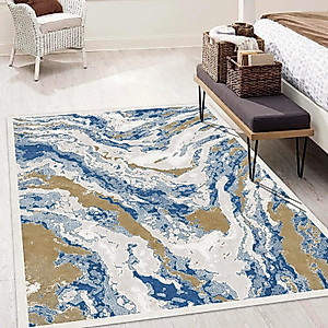 FINOREN Light Modern Area Rug,4x6 Feet,for Living Room,Bedroom,Kitchen,Entryway,Non-Slip Backing,Non-Shedding,Soft Washable Rug,Beige-Blue
