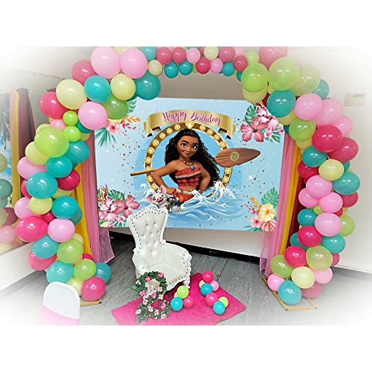 Summer Beach Baby Moana Theme Backdrops Pink Flowers Blue Water Girls 1St Birthday Party Background Baby Shower Moana Cake Table Decoration Banner Photo Studio Props (5x3ft)