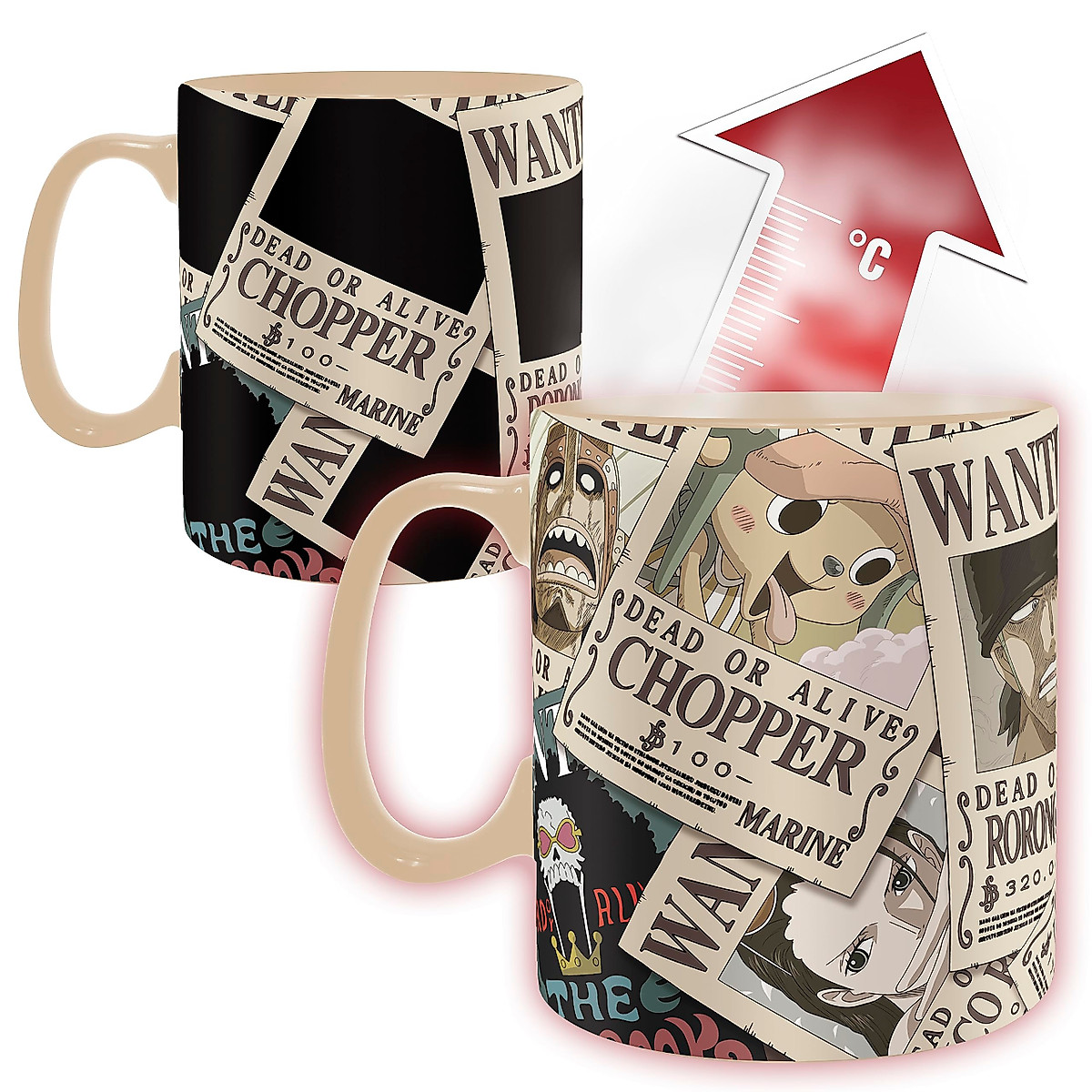 ABYSTYLE One Piece Straw Hat Crew Magic Heat Change Ceramic Coffee Tea Mug 16 Oz. & Absorbent Coaster Gift Set Anime Manga Drinkware 2 Pcs