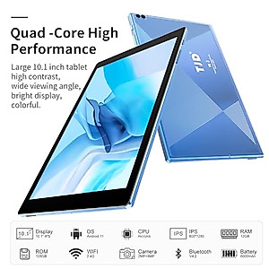 TJD Android Tablet 10 inch, 128GB ROM Tablet PC, Quad-Core Processor, 6000mAh Battery Dual Camera Stereo Speakers, WiFi, Bluetooth, Gaming Reading Google Touchscreen Tablets (Blue)