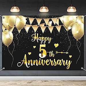 HAMIGAR 6x4ft Happy 5th Anniversary Banner Backdrop - 5 Wedding Anniversary Decorations Party Supplies - Black Gold