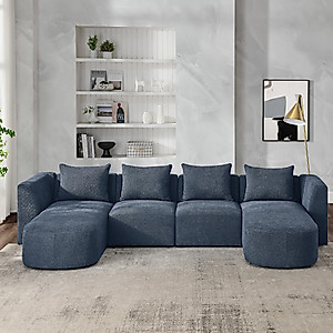 GNIXUU Modular Sectional Sofa, Modern Minimalist Boucle Fabric U-Shaped Sectional Couch, Comfy Double Chaise Lounge 4 seat Couch Set with Pillows for Living Room, Office, Apartment，117Inch(Blue)