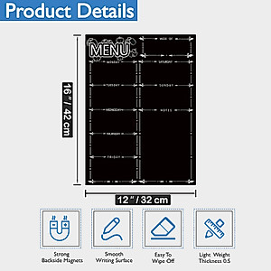 Magnetic Menu Board for Fridge, LiebHome Dry Erase Weekly Menu Planner/Family Calendar 16" x 12" with Grocery List and Notes (Black with 8 Markers)