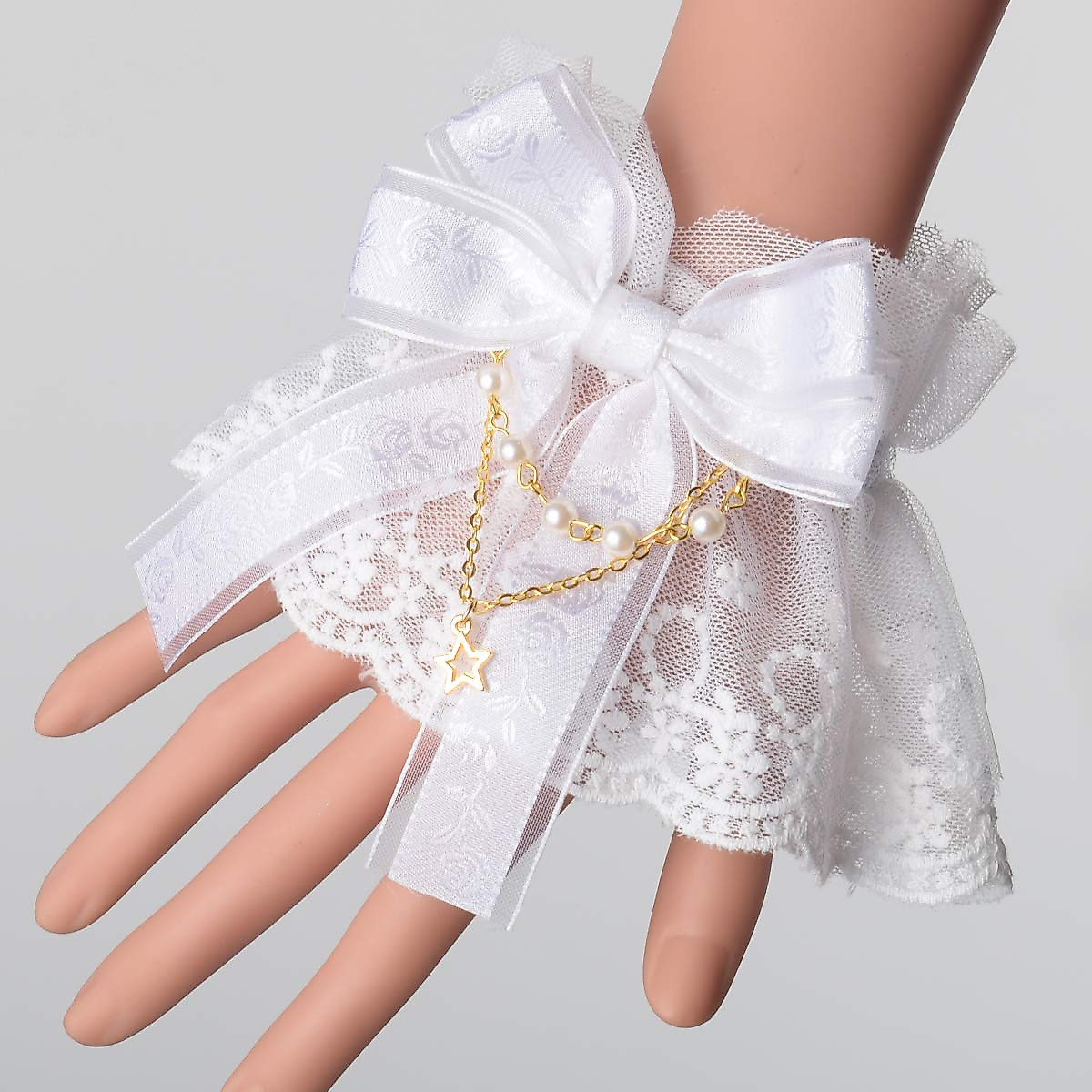 BLESSUME Lolita Lace Cuffs Steampunk Wrist Cuff Bracelet (White 10(1pr))