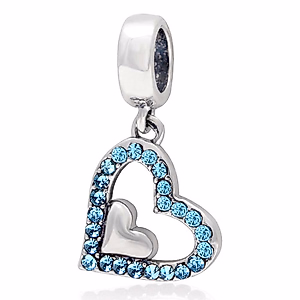 Heart Charm with Crystal Charm 925 Sterling Silver Dangle Charm Love Charm for Pandora Bracelet (Light Blue)