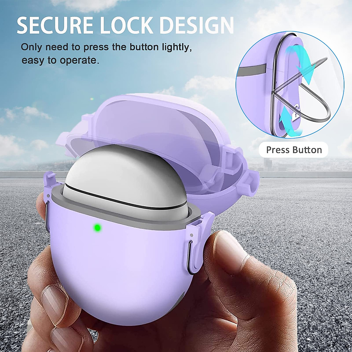 Miimall Compatible for Google Pixel Buds Pro Case, [Secure Lock][Anti-Lost Keychain][Front LED Visible] Military Protective Rugged TPU Case Cover for Pixel Buds Pro Accessories with Lanyard (Purple)