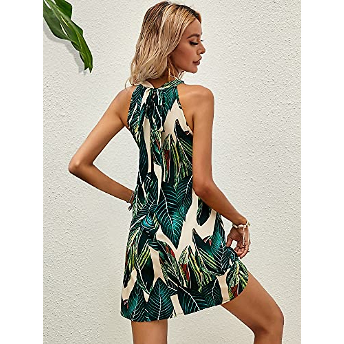 Floerns Women's Summer Floral Print Sleeveless Halter Neck Beach Party Dress Green Tropical L
