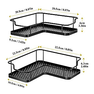 Nieifi Adhesive Corner Shower Caddy Organizer Shelf with 4 Hooks, Bathroom Shelves Storage Basket, Shampoo Holder No Rust No Drill 2 Pack Black, For 90 Degree Corner Only
