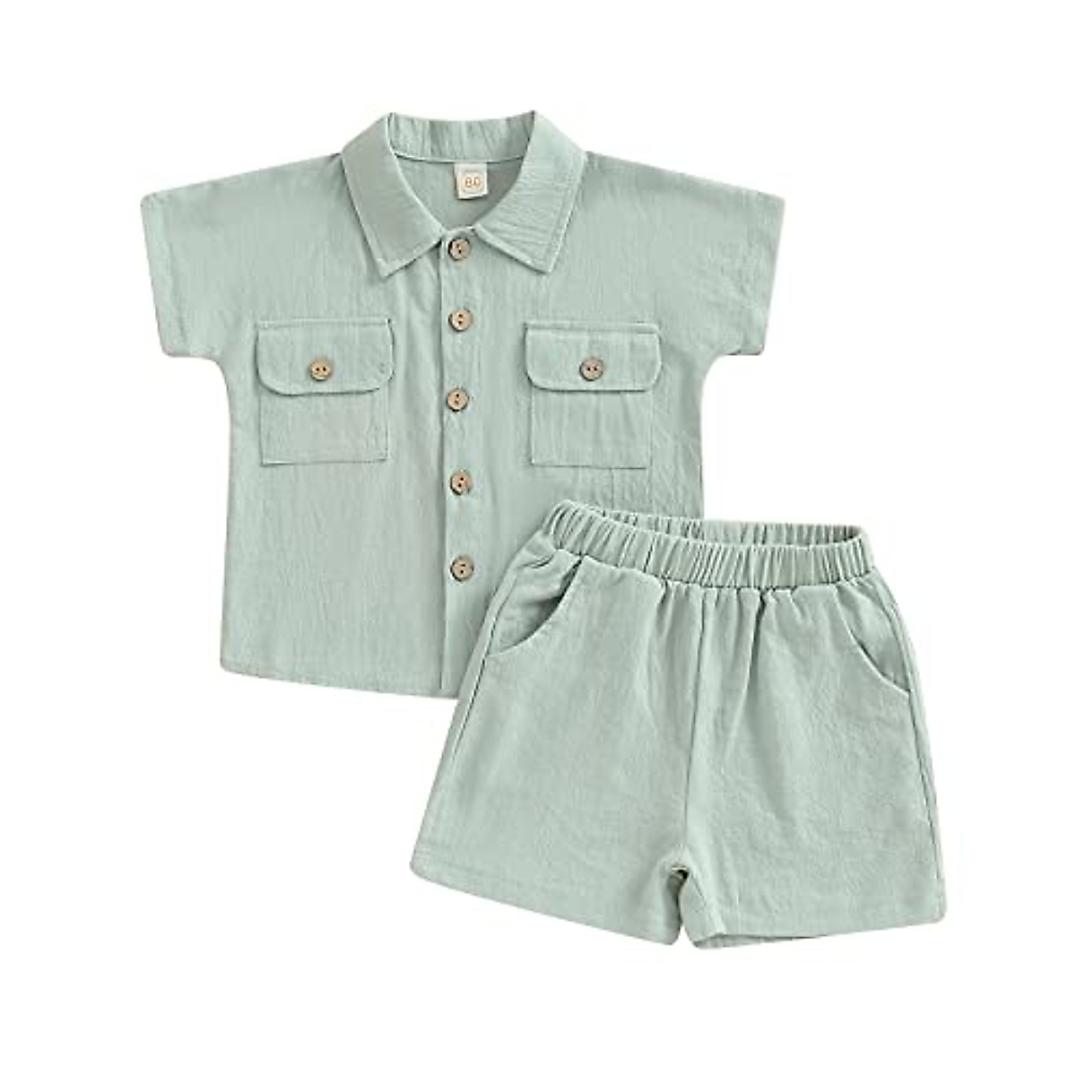 Toddler Baby Boys 2Pcs Linen Short Sleeve Outfits Set Color Block Button Down T-Shirt Elastic Shorts with Pockets (Light Green, 12-18 Months)
