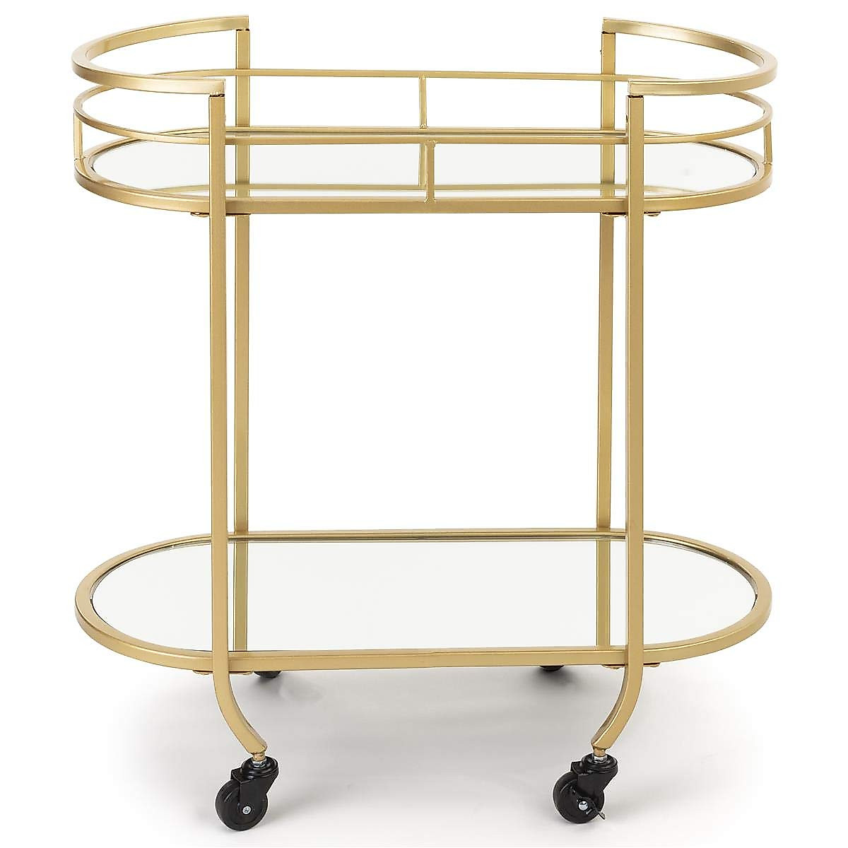 Displays2go Champagne Gold Drinks Trolley, Mirrored Glass Decks, Four Casters - Satin Finish (FSBEVCART5)