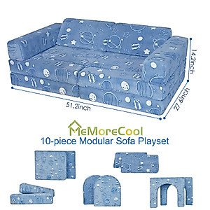 MeMoreCool Kids Couch, 10-Piece Modular Play Couch for Playroom, Fold Out Kids Sofa for Girl Boy, Glow Space