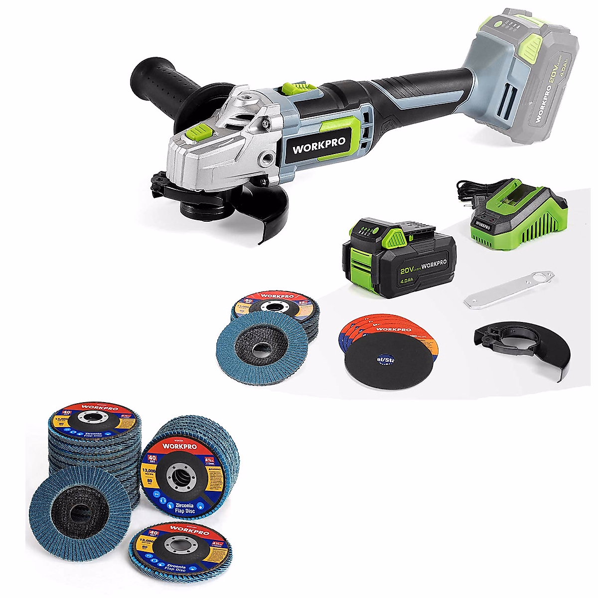 WORKPRO 20V Cordless Angle Grinder Kit, 4-1/2 Inch and WORKPRO 20-Pack Flap Discs, 4-1/2-inch, Arbor Size 7/8-inch