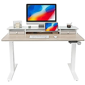 FEZIBO 48 x 24 Inch Height Adjustable Glass Electric Standing Desk with Double Drawer, Stand Up Desk with Storage Shelf, Sit Stand Desk, Light Walnut