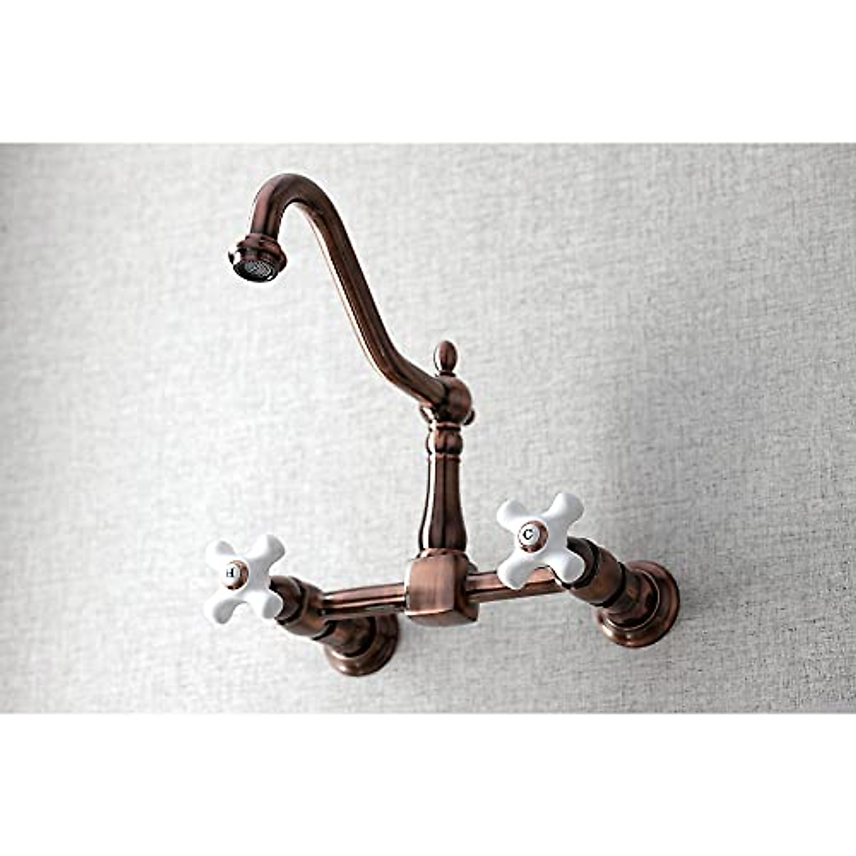 Kingston Brass KS124PXAC Heritage Two-Handle Wall Mount Bridge Kitchen Faucet, Antique Copper