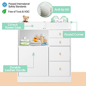 DAWNSPACES Baby Changing Table Dresser with 5 Drawers & Shelf, 2 in 1 Nursery Dresser Chest for Infants w/Changing Station, 33.5" Storage Changing Station Dresser, White