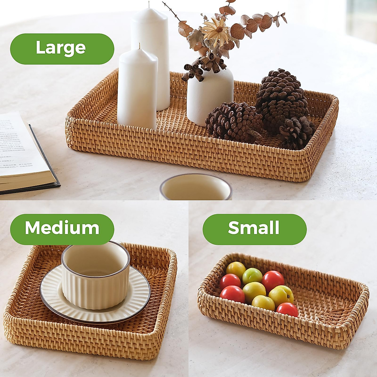Rattan Serving Tray, Set of 3 Rectangle Woven Tray, Wicker Storage Basket Wicker Baskets for Organizing, Natural Wicker Decorative Serving Baskets for Organizing Tabletop Bathroom Kitchen Counter