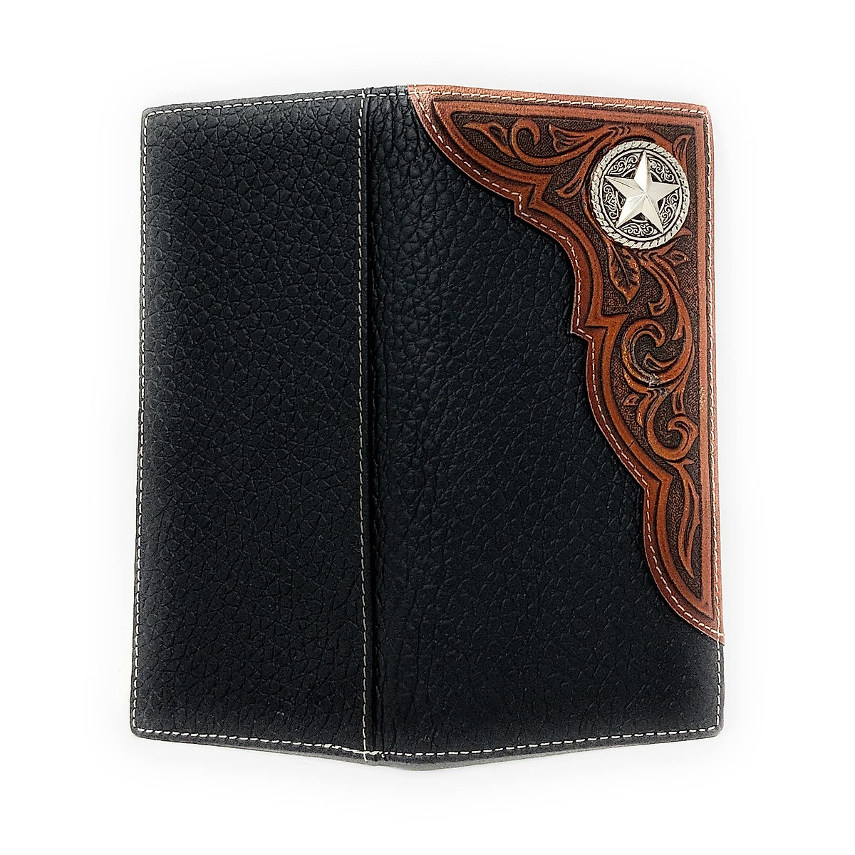 Texas West Western Tooled Genuine Leather Star Men's Long Bifold Wallet (Black)