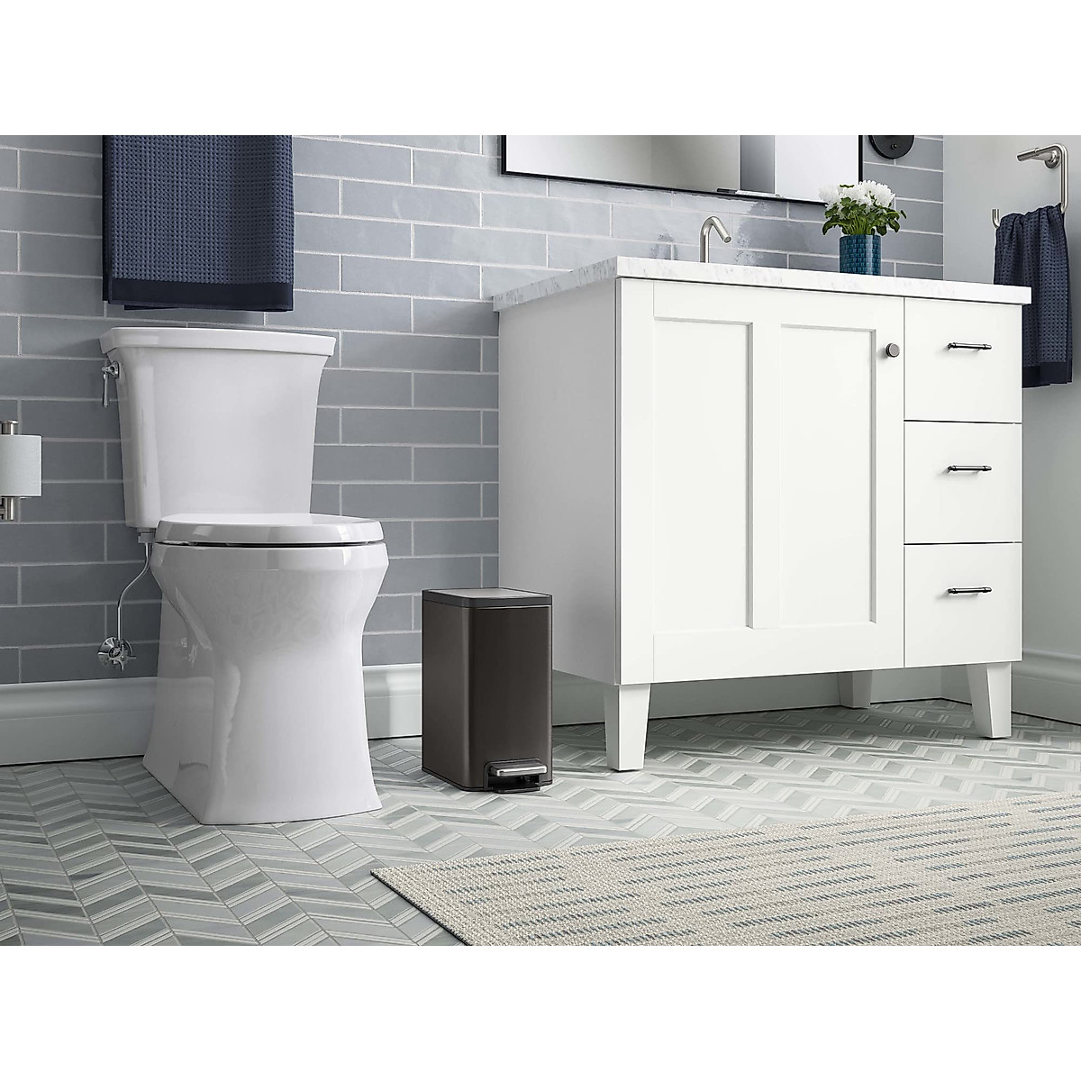 KOHLER 31319-BST Bathroom Trash Can, 1.6 Gallon, 6-Liter Step Can, Quiet-Close Small Trash Can with Foot Pedal, Black Stainless