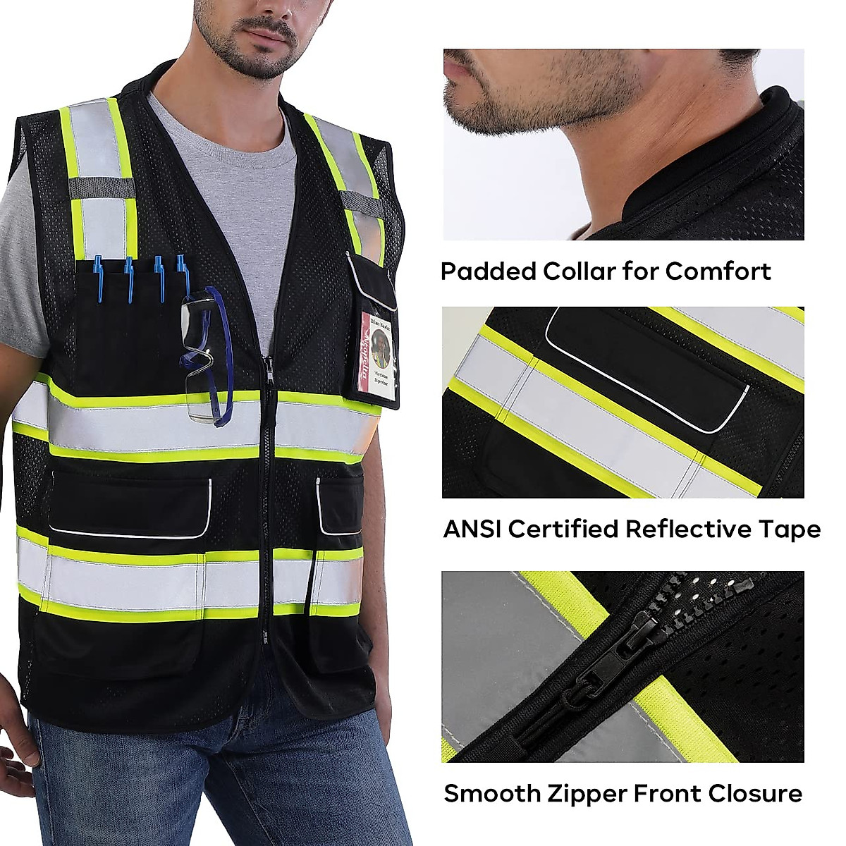 Neopelta Reflective Safety Vest Black Mesh, High Visibility Vest with Pockets and Zipper, Padded Neck, Black with Yellow Trim L