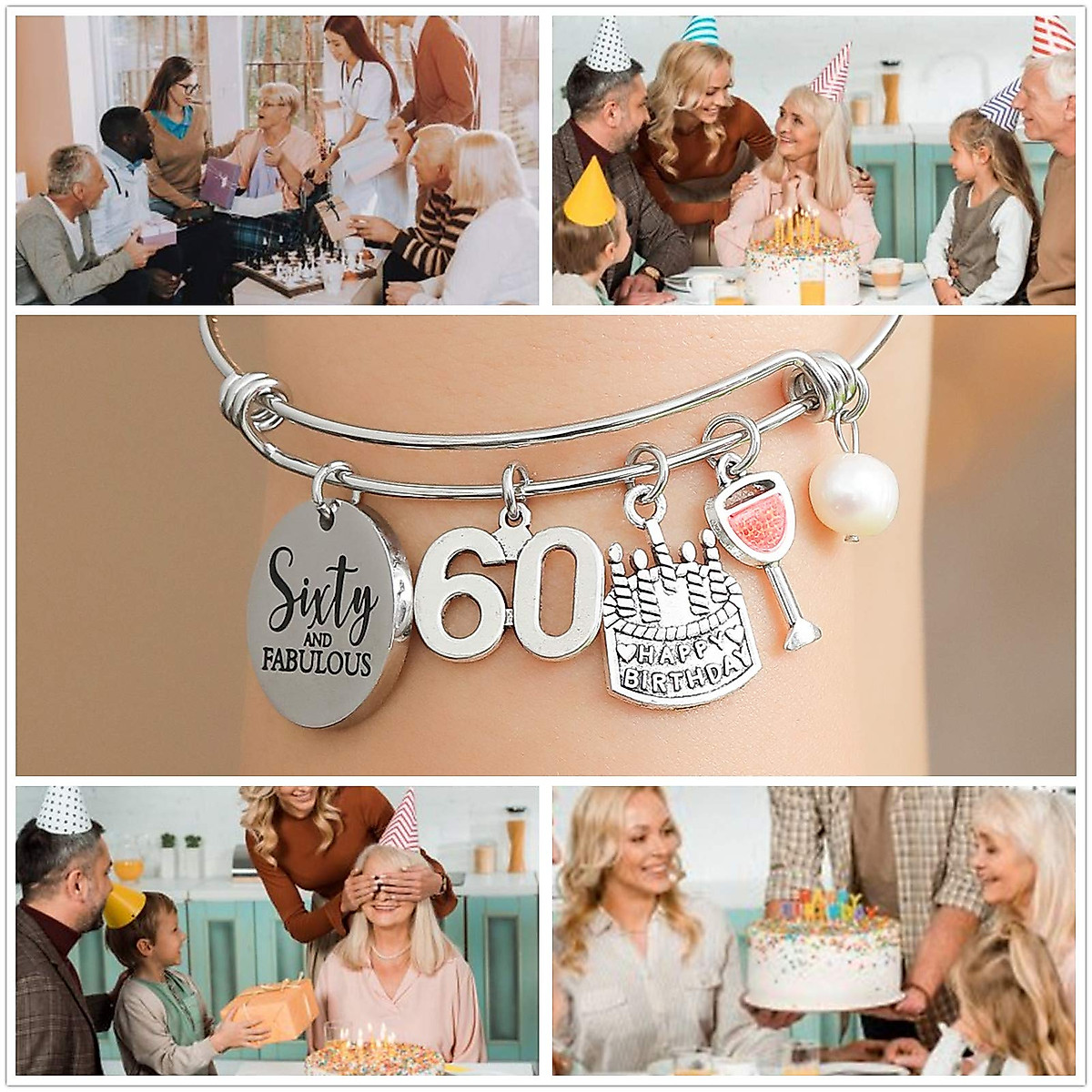 Miss Pink 60th Birthday Jewelry Gifts for Women Stainless Steel Expandable Bangle 60 Year Old Charm Bracelets for Daughter Granddaughter