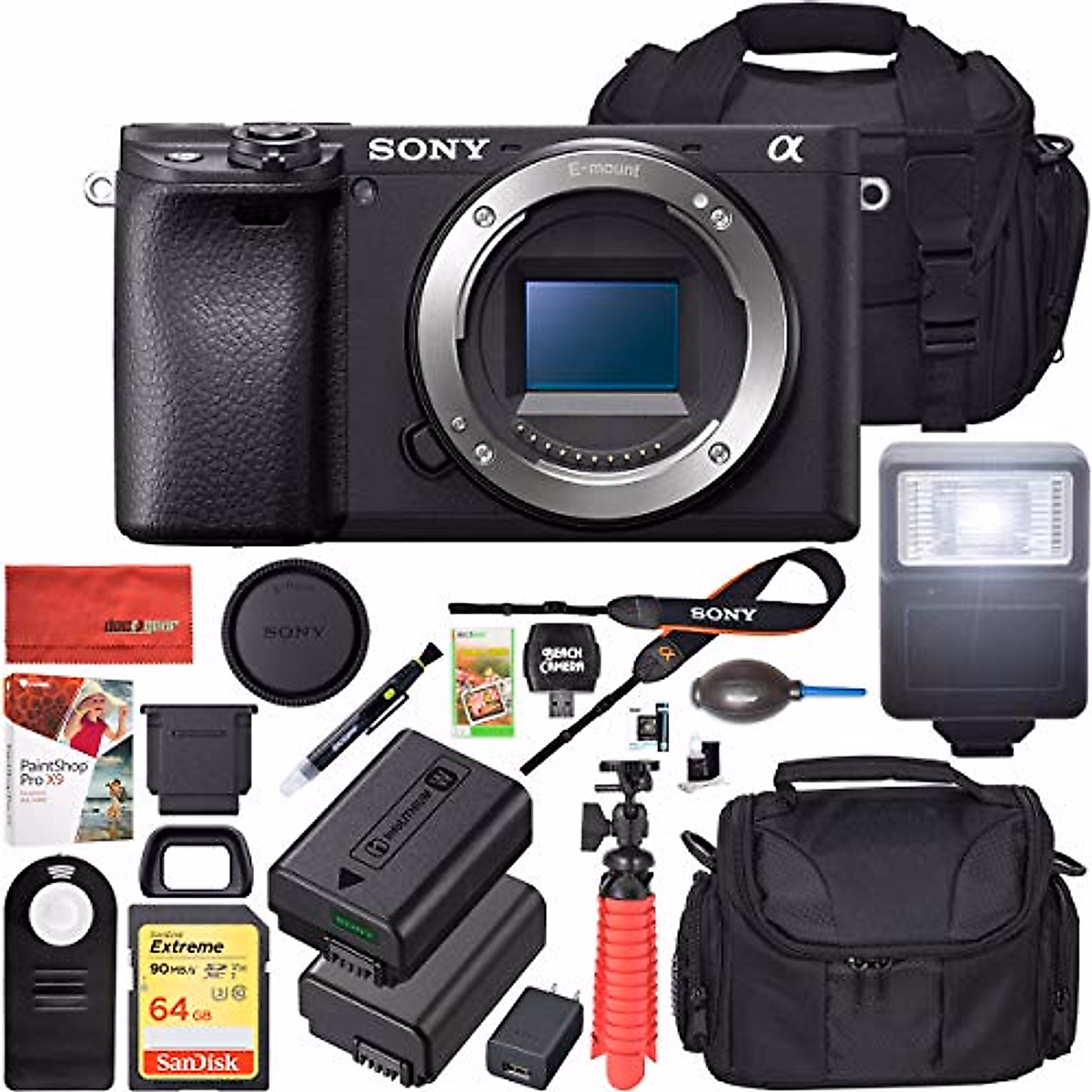 Sony a6400 4K Mirrorless Camera ILCE-6400/B Body Only with Travel Case Gadget Bag and Deco Gear Deluxe Cleaning Kit Extra Battery Remote & Flash Bundle