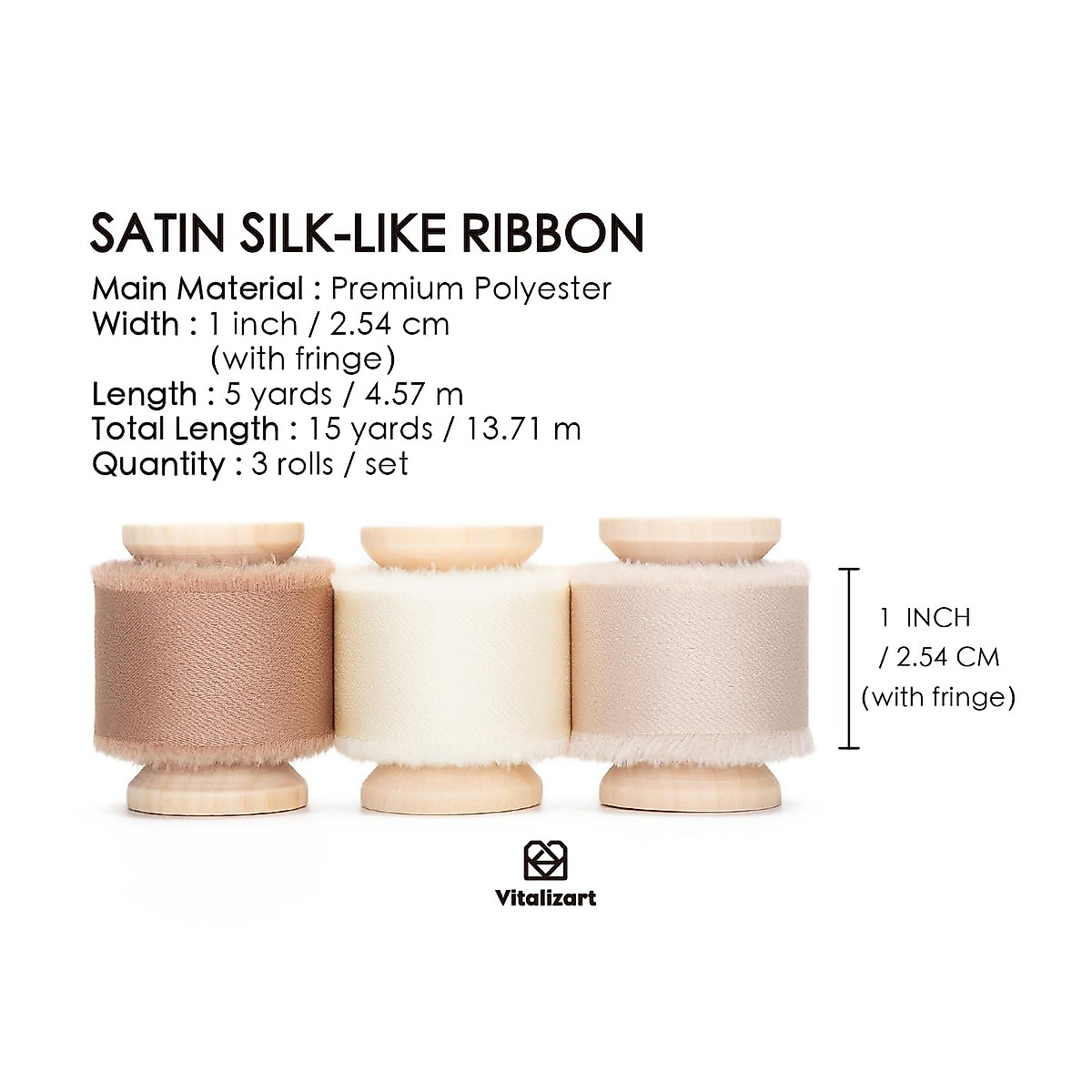 Vitalizart Silk Satin Ribbon 1 Inch x 15 Yard Wooden Spool Champagne & Nude Handmade Frayed Ribbon for Gift Wrapping Baby Shower Wedding Bridal Bouquets Holiday Decor Light Brown