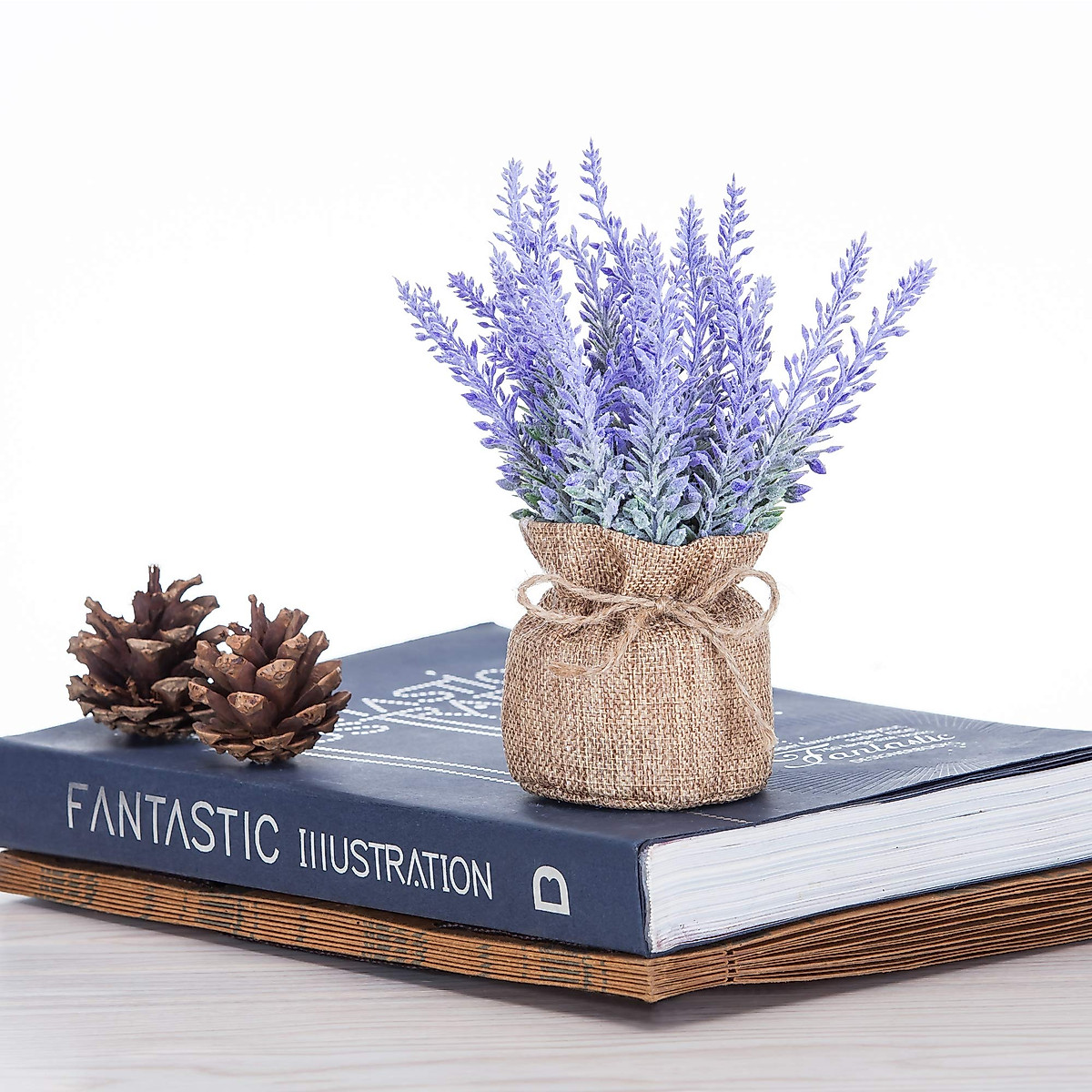 Artificial Mini Potted Flowers Plant Lavender for Home Decor Party Wedding Garden Office Patio Decoration (Linen 2set)