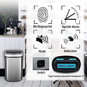 HCB Trash Can Automatic Waste Bin Mute Metal Garbage Can with Lid Stainless Steel 13 Gallon 50 Liter for Kitchen | Office | Bedroom | Bathroom | Living Room