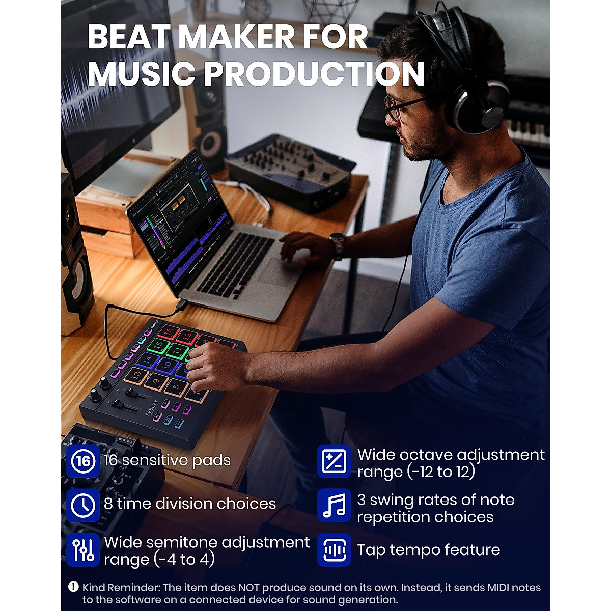 Fesley MIDI Controller Professional, Beat Maker Machine with 16 Beat Pads, MPC with 2 Assignable Fader & Knobs, Portable MIDI Pad Controller, Beat Machine for Music Making