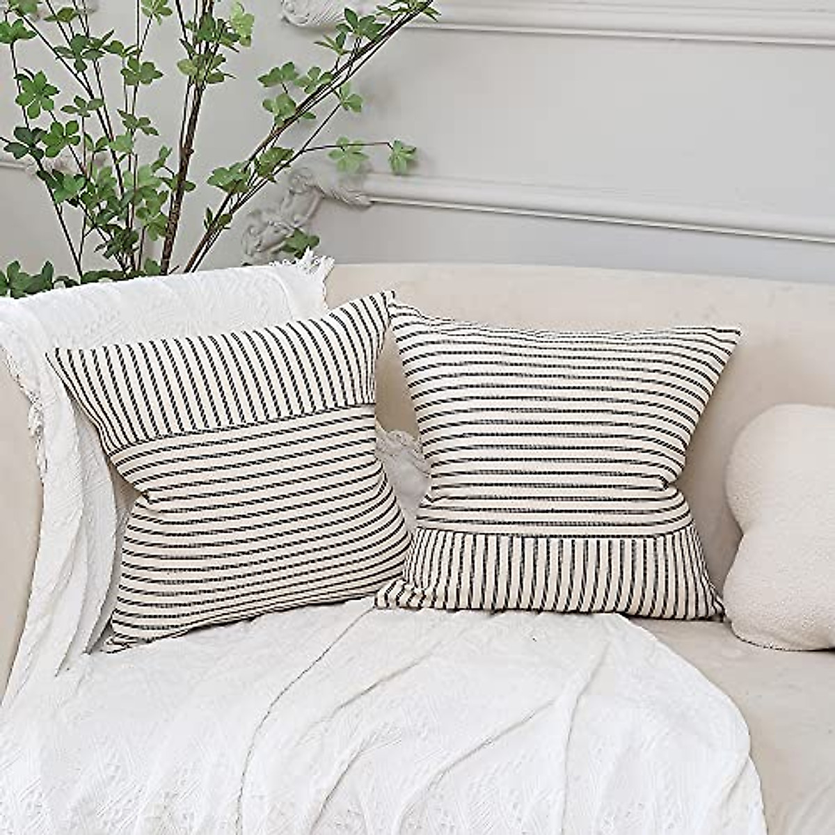 Hckot Black and Beige Patchwork Farmhouse Throw Pillow Covers 18 x 18 Inch, Pack of 2 Striped Linen Decorative Pillow Case for Sofa Couch Chair Bedroom Modern Decor(Black)