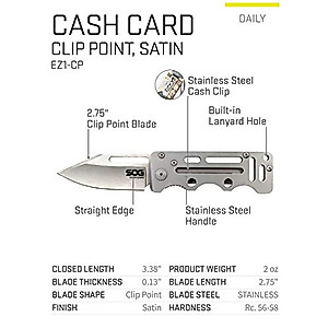 SOG Cash Card Money Clip Pocket Knife- 2.75 Inch Blade EDC Knife with Clip for Pocket, Money or Card Holder, Stainless Steel Handle with Built-In Lanyard Hole (EZ1-CP), Onesize, Satin Polished
