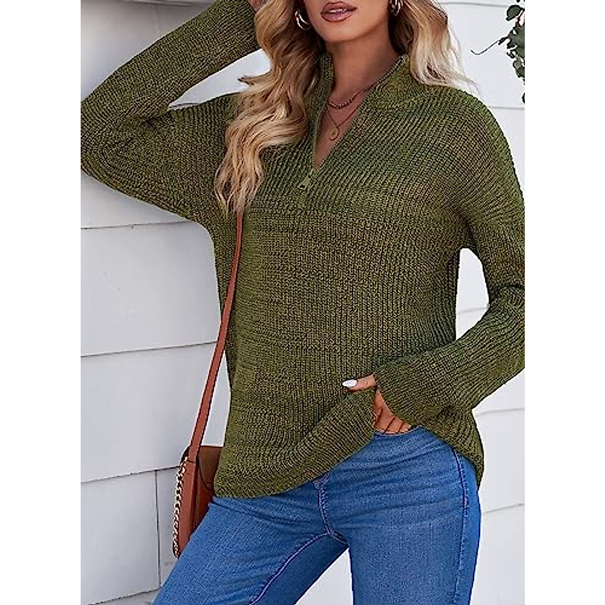 EVALESS Sweaters for Women Waffle Knit Long Sleeve Quarter Zip Pullover for Women Business Casual Fall Fashion Tops Winter Trendy Aestheic Teathcer Clothes V Neck Oversized Green Sweater,Samll Size