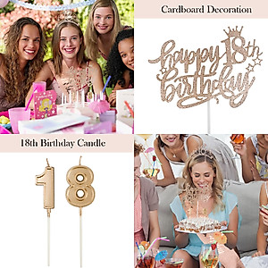 Tihebax 4Pcs 18th Birthday Decorations for Girls, Including 18th Birthday Sash with Pearl Pin Happy 18th Birthday Cake Toppers 18th Birthday Candles Sparky 18th Tiara Crown Birthday Gift for Girls