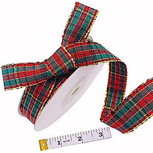 5/8" Christmas Ribbons Xmas Plaid Ribbons Craft Ribbon Checked Ribbon Bows Wrapping Ribbons with Measuring Tape for Christmas Party Decoration (25 Yards)