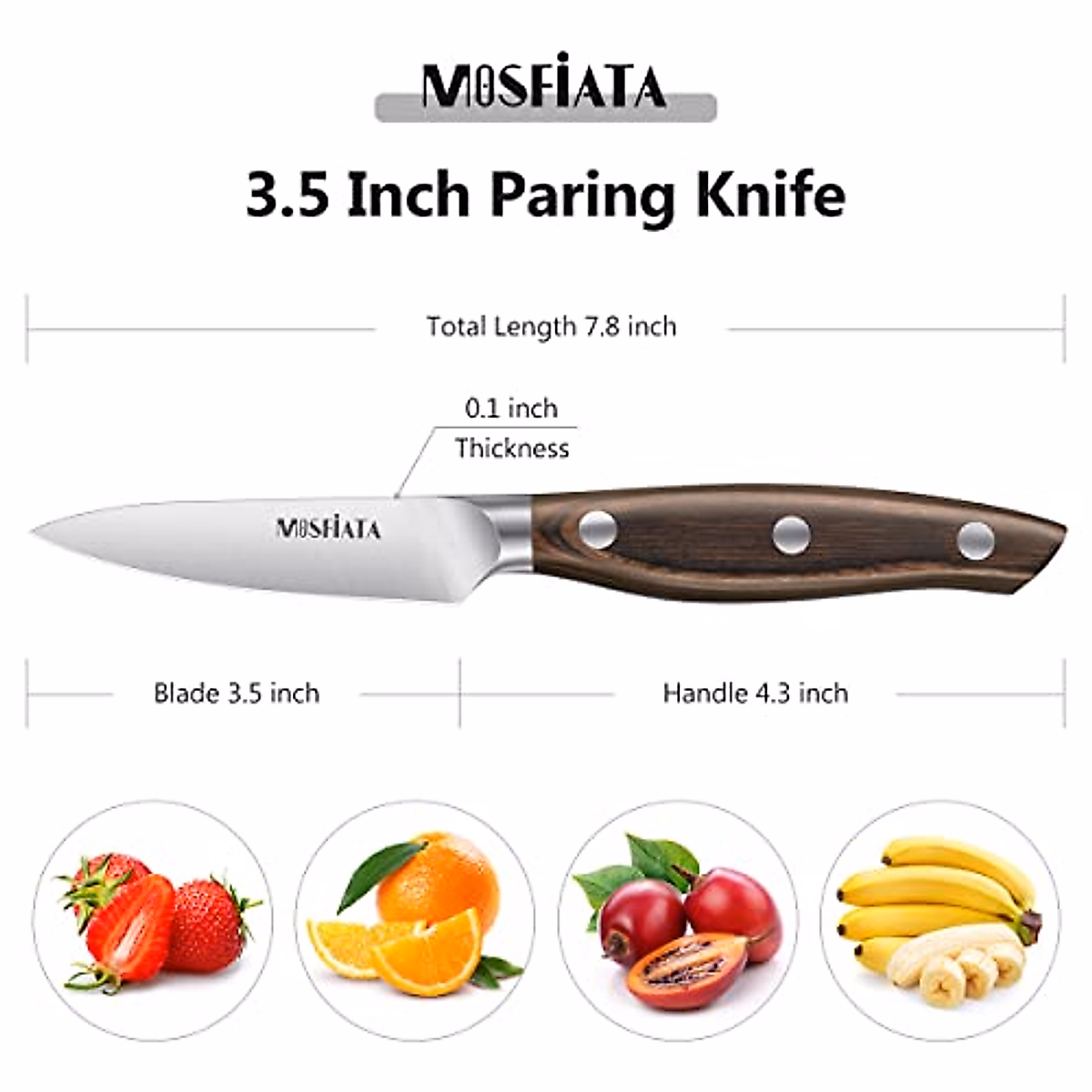 MOSFiATA Paring Knife 3.5 Inch Fruit Peeling Knife, 5Cr15Mov High Carbon Stainless Steel Sharp Knife with Ergonomic Pakkawood Handle, Full Tang Fruit Cutting Carving Knife with Sheath for Kitchen