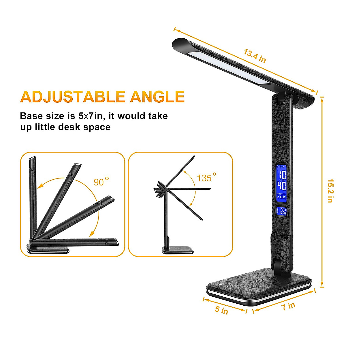 LED Desk Lamp with Wireless Charger, Foldable Touch Console Light, Date,Calendar,Temperature,Clock Display Function, 5-Level Dimmable Lighting, Suitable for Home Office, Reading, Work,study (Black)