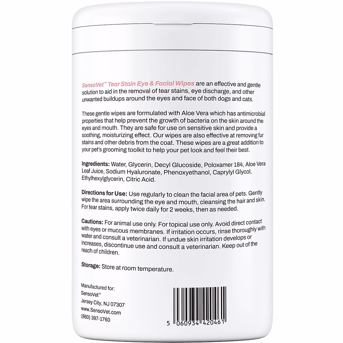 SensoVet Tear Stain Remover Eye Wipes for Dogs & Cats, Cleans Eye Boogers and Gunk Discharge, Facial Cleansing with Aloe Vera (Fragrance Free)
