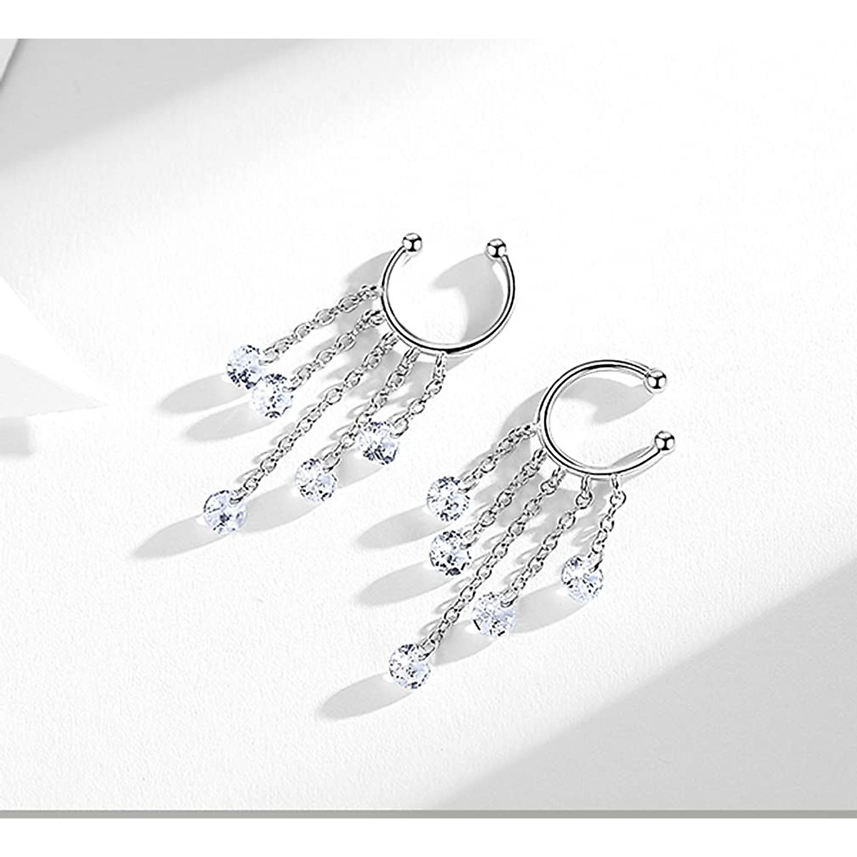 SLUYNZ 925 Sterling Silver Cuff Earrings Droplet Tassel Chain for Women No Piercing Cartilage Earrings Wrap (A-Silver)