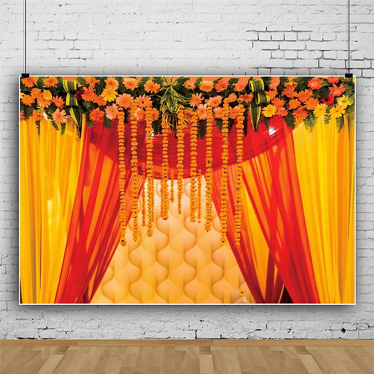 YongFoto 9x6ft Happy Diwali Backdrop Banner Indian Traditional Backdrop Happy Holi Backdrop Hindu Indian Wedding Background Flower Garland Yellow Tulle Curtain Anniversary Backdrop