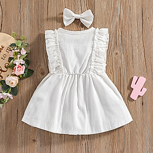 Cudilica Toddler Baby Girls Summer Dress Sleeveless Ruffle Solid Cotton Linen Button Princess Dresses Headband Infant Set (White, 6-12 Months)