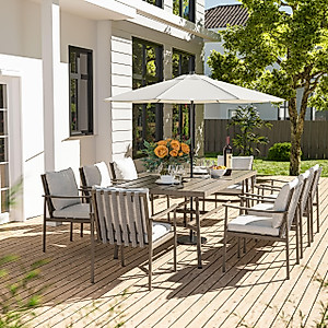 HAPPATIO 9-Piece Patio Table and Chairs Set for 8, Aluminum Outdoor Dining Set with Cushions, 8 Dining Chairs, 1 Large Rectangular Table with Umbrella Hole for Lawn, Porch, Backyard, Grey