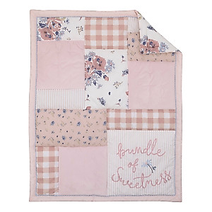 NoJo Farmhouse Chic Pink Gingham, and Velvet 'Bundle of Sweetness' 4 Piece Nursery Crib Bedding Set - Comforter, 100% Cotton Fitted Crib Sheet, Crib Skirt, and Storage