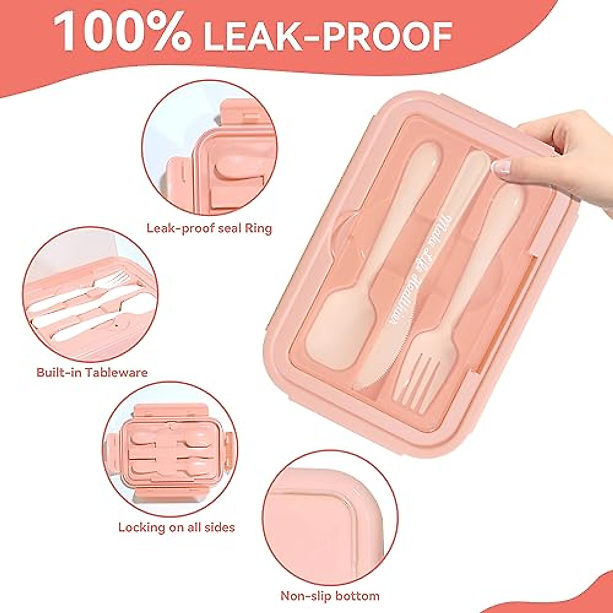 Alilizi Bento Box for Kids/Toddlers/Adults, 1400ML Insulated Lunch Box with 3 Compartments with Spoon & Fork, Durable for On-the-Go Meal, Food-Safe Materials and BPA-Free (Pink)